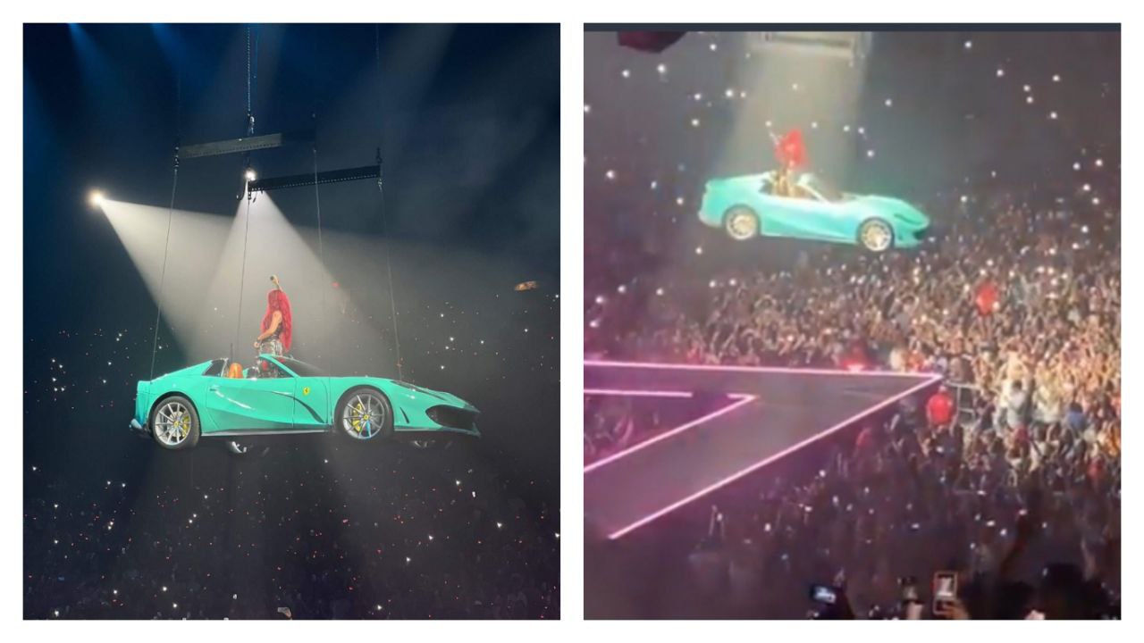 Video: Karol G llega por los aires en un Ferrari en el inicio de su gira "$trip Love Tour" en ...
